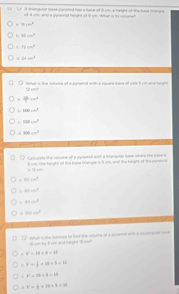 Solved: A triangular base pyramid has a base of 6 cm, a height of the ...