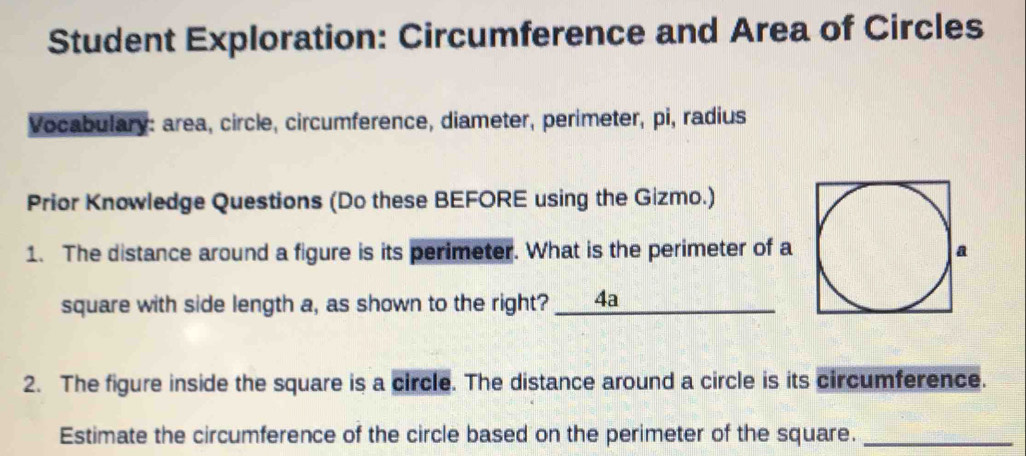 Solved: Student Exploration: Circumference and Area of Circles ...