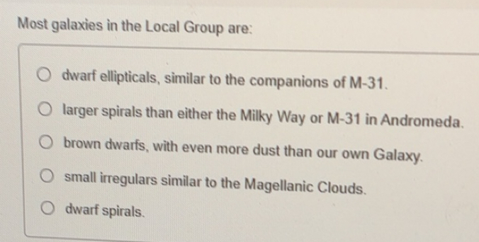 Solved: Most galaxies in the Local Group are: dwarf ellipticals ...
