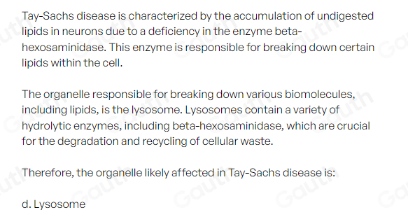 Solved: 6:59 AM A disease known as Tay-Sachs disease occurs when there ...