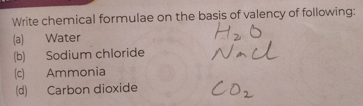 Solved: Write chemical formulae on the basis of valency of following ...