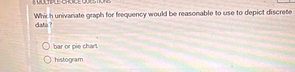 Solved: MULTPLE-CHOICE QUESTIONS Which univariate graph for frequency ...