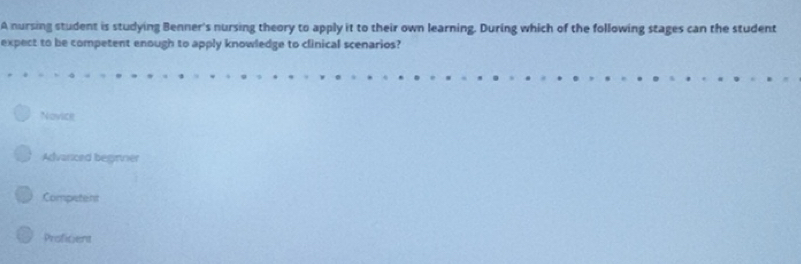 Solved: A nursing student is studying Benner's nursing theory to apply ...