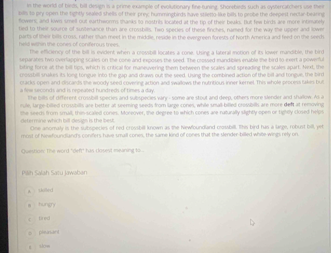 Telah dijawab:In the world of birds, bill design is a prime example of ...