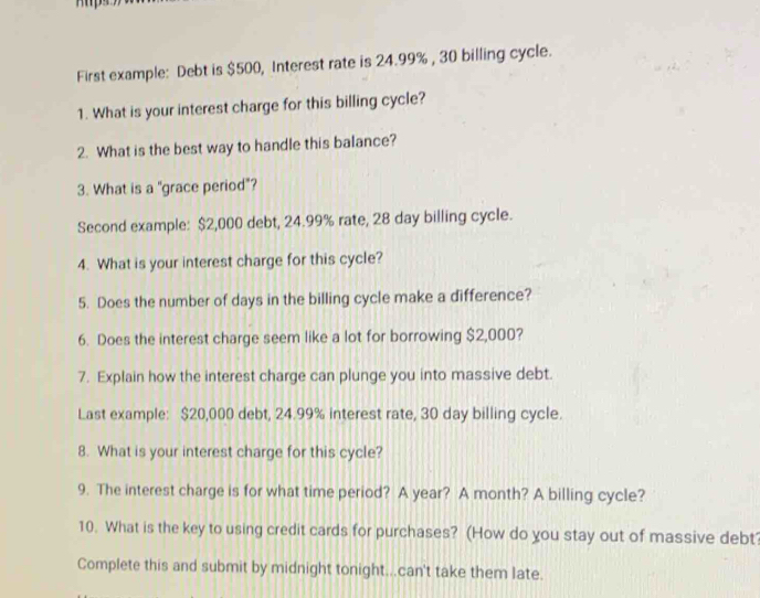 Solved: First example: Debt is $500, Interest rate is 24.99% , 30 ...