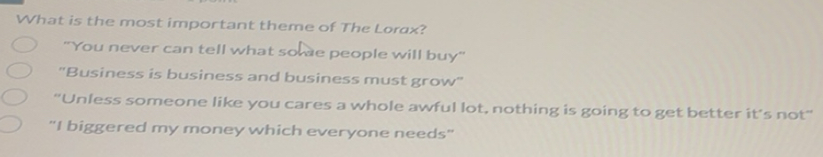 Solved: What is the most important theme of The Lorax? "You never can ...