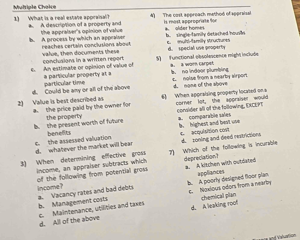 Solved: What is a real estate appraisal? 4) The cost approach method of ...