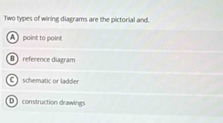 Solved: Two types of wiring diagrams are the pictorial and. A point to ...