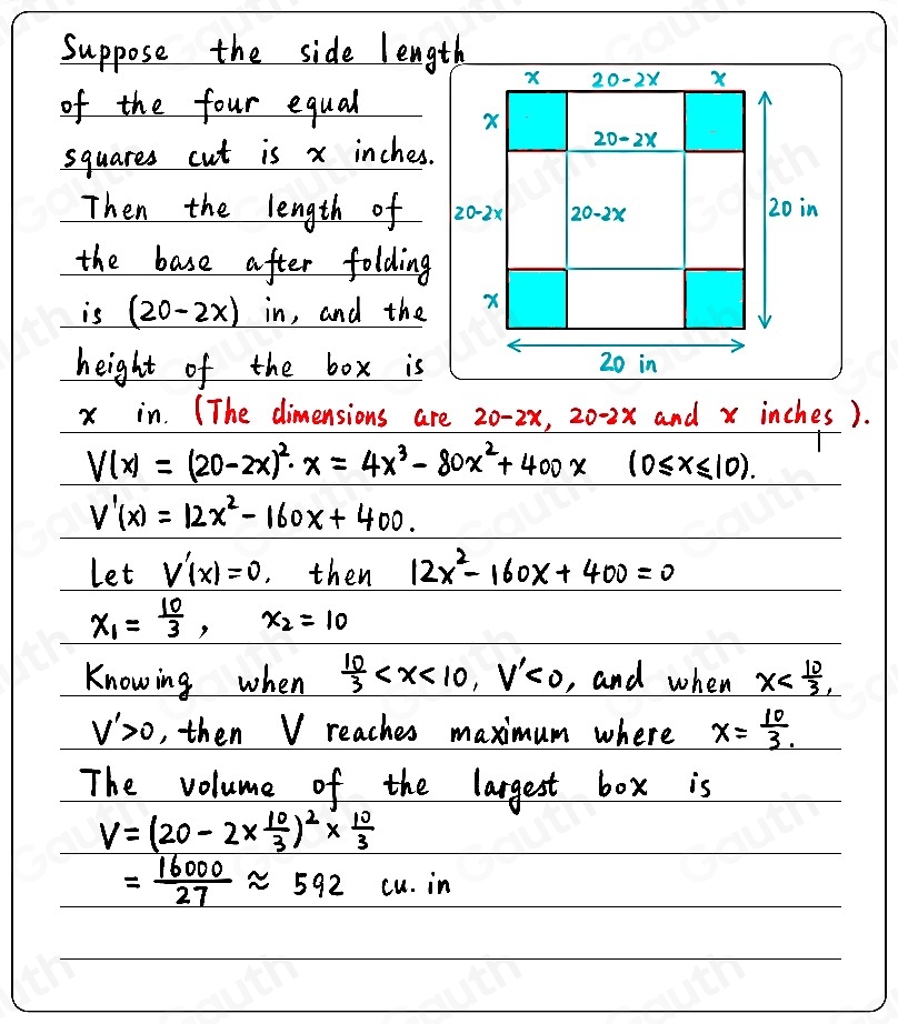 Solved: A cardboard 20 in * 20 I in is to be formed into a box by ...