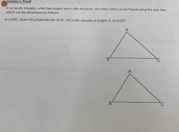 Solved: Proof In an acute triangle, when two angles and a side are ...