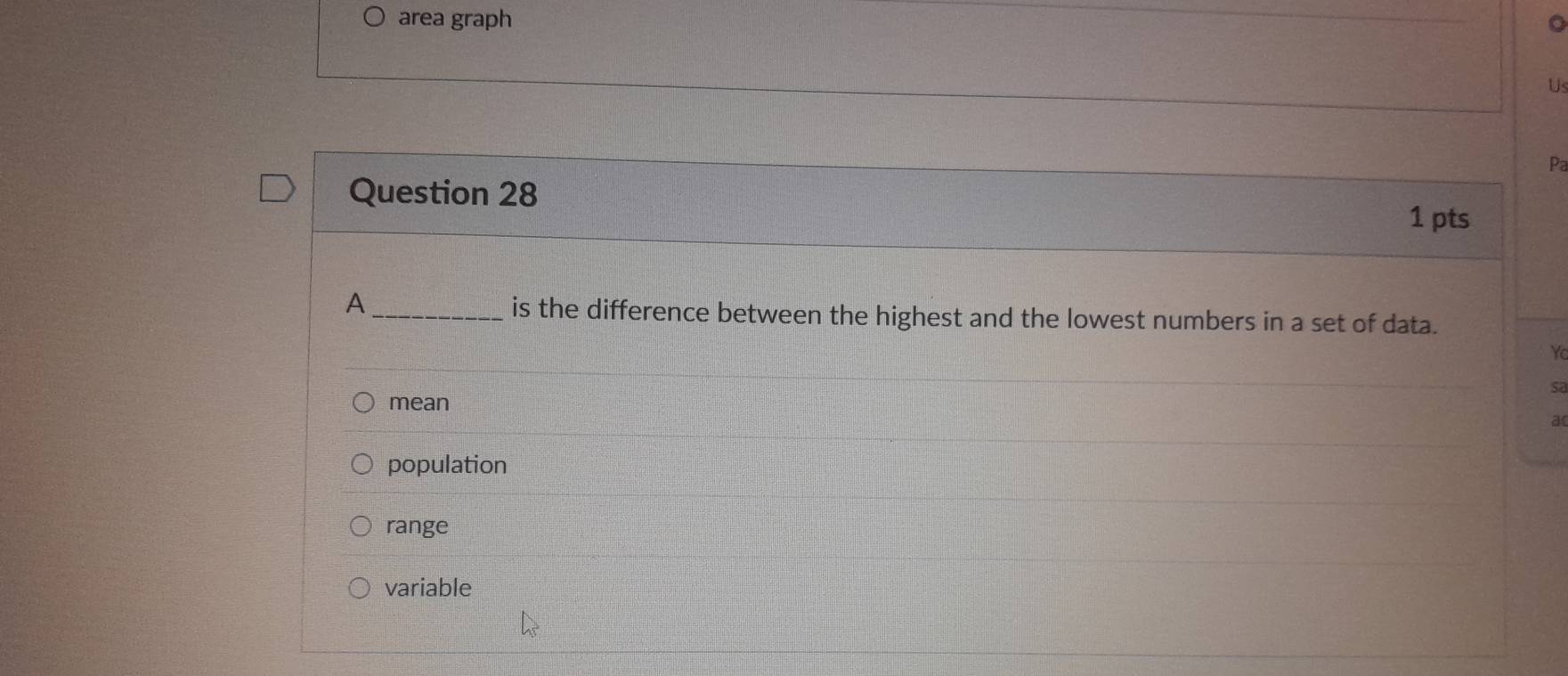 Solved: area graph 。 Us Pa Question 28 1 pts A _is the difference between the highest and the ...