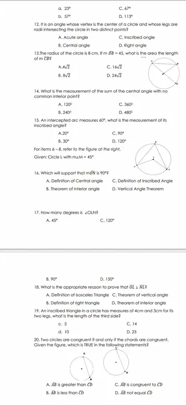 Solved: a. 23° C. 67° b. 57° D. 113° 12. It is an angle whose vertex is ...