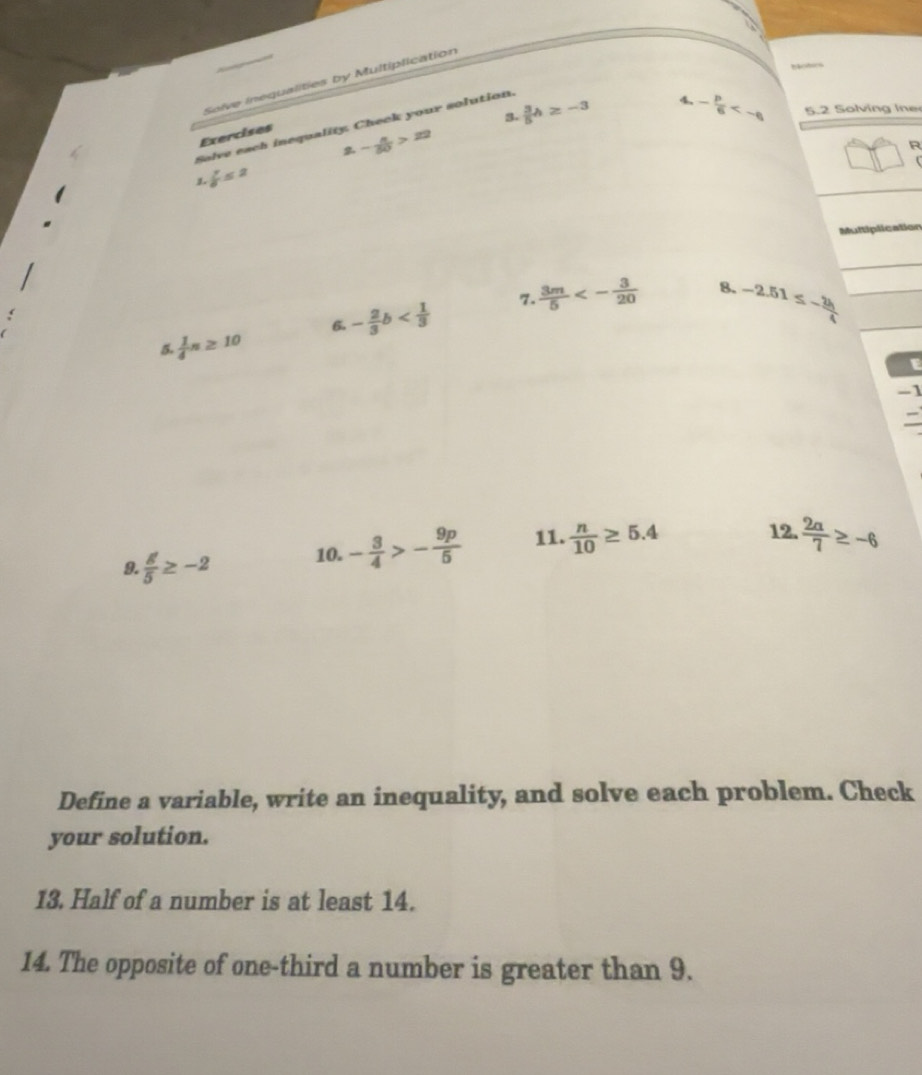 Resuelto:Solve inequalities by Multiplication 3. 3/5 h≥ -3 4. - p/6 5.2 ...