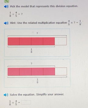 Solved: Pick the model that represents this division equation. 1/8 / 4 ...