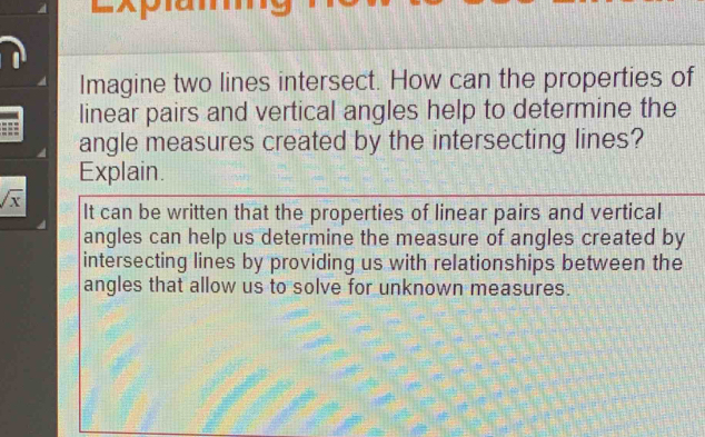 Solved: Imagine two lines intersect. How can the properties of linear ...