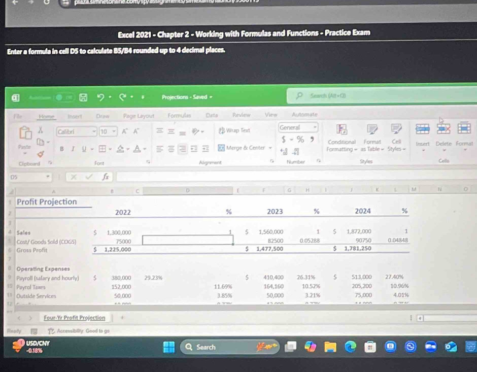 Solved: Excel 2021 - Chapter 2 - Working with Formulas and Functions - Practice Exam Enter a ...