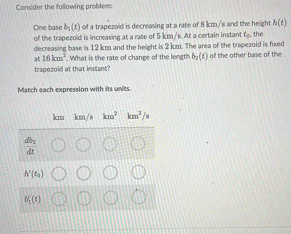 Solved: Consider the following problem: One base b_1(t) of a trapezoid ...