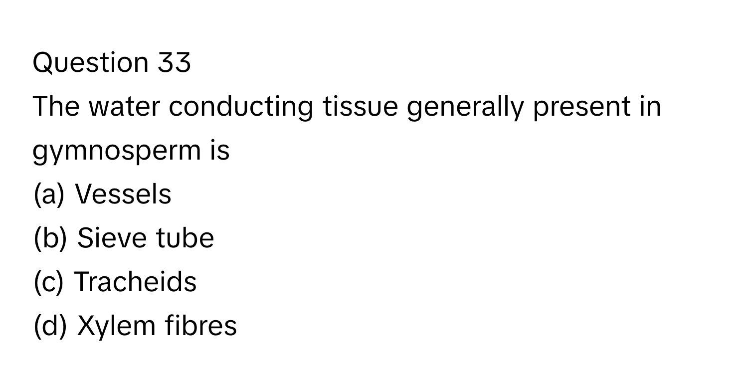 Solved: The water conducting tissue generally present in gymnosperm is ...