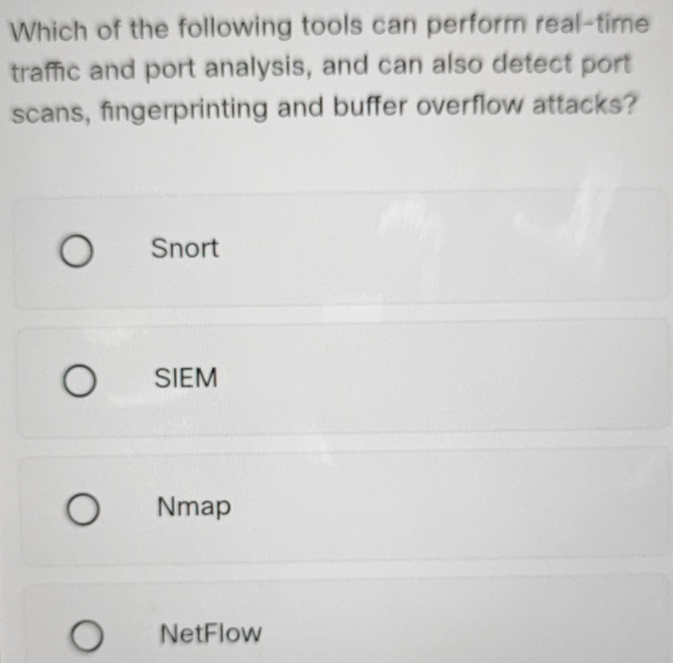 Solved: Which of the following tools can perform real-time tramfic and port analysis, and can ...