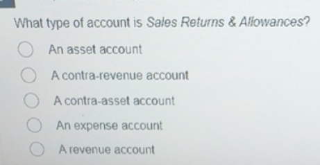 Solved: What type of account is Sales Returns & Allowances? An asset ...