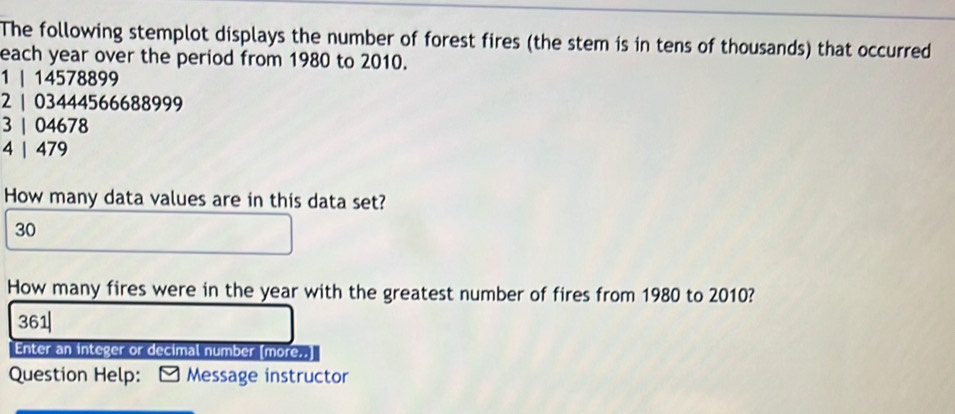 Solved: The following stemplot displays the number of forest fires (the stem is in tens of ...