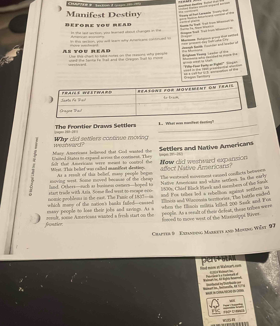 Solved: manifest destiny Belief th at CHAPTER 9 Section 2 (pages 280 ...
