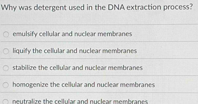 Solved: Why was detergent used in the DNA extraction process? emulsify ...