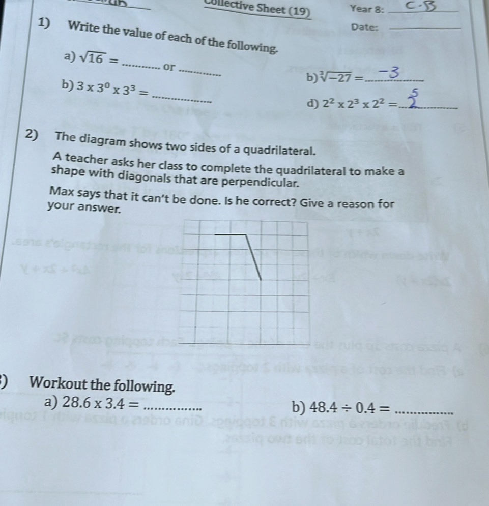 تم الحل:Collective Sheet (19) Year 8:_ Date:_ 1) Write the value of ...