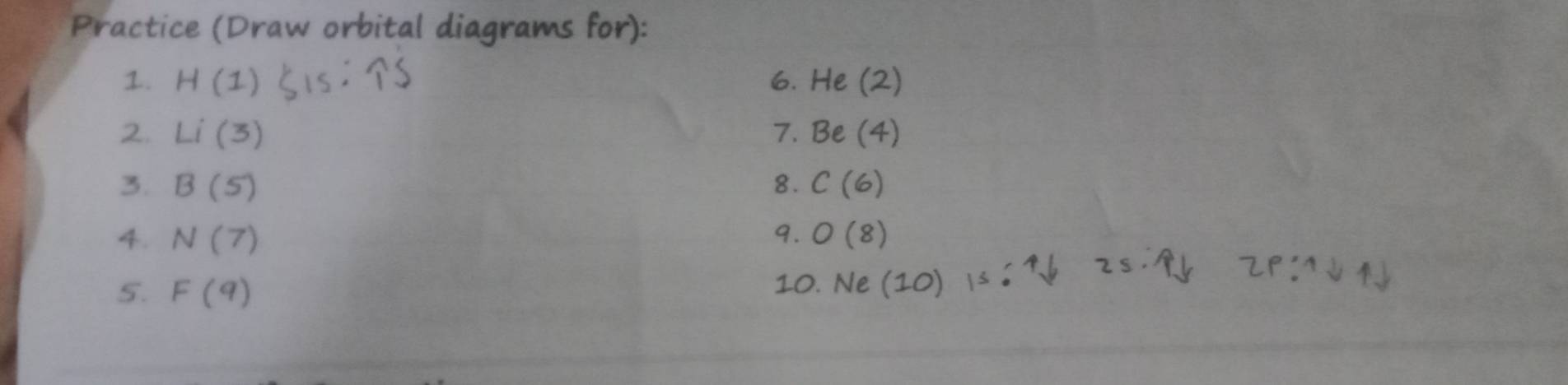 Solved: Practice (Draw orbital diagrams for): 1. H(1) 6. He(2) 2. Li(3 ...
