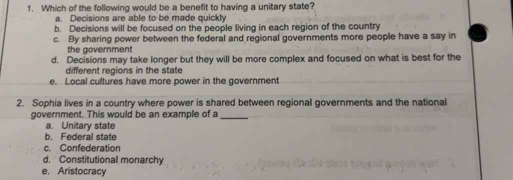 Solved: Which of the following would be a benefit to having a unitary ...