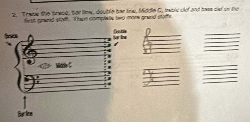 Solved: Trace the brace, bar lline, double bar line, Middle C, treble ...