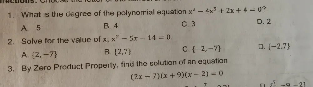 Solved: rections 1. What is the degree of the polynomial equation x^2 ...
