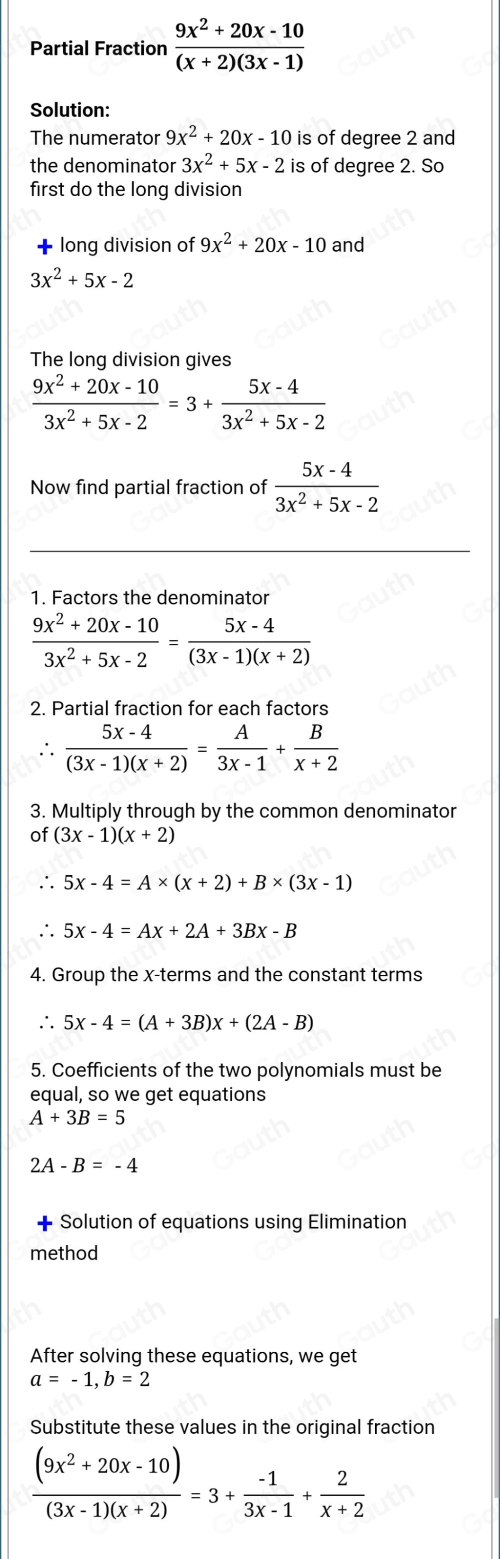 Solved: (9x^2+20x-10)/(x+2)(3x-1) Express in partial fractions. [Math]