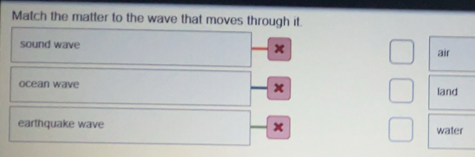 Solved: Match the matter to the wave that moves through it. sound wave ...