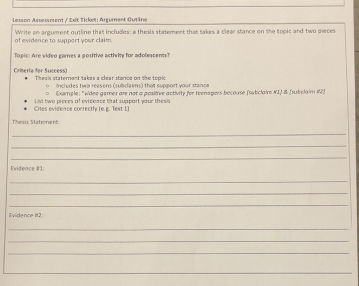Solved: Lesson Assessment / Exit Ticket: Argument Outline Write an ...