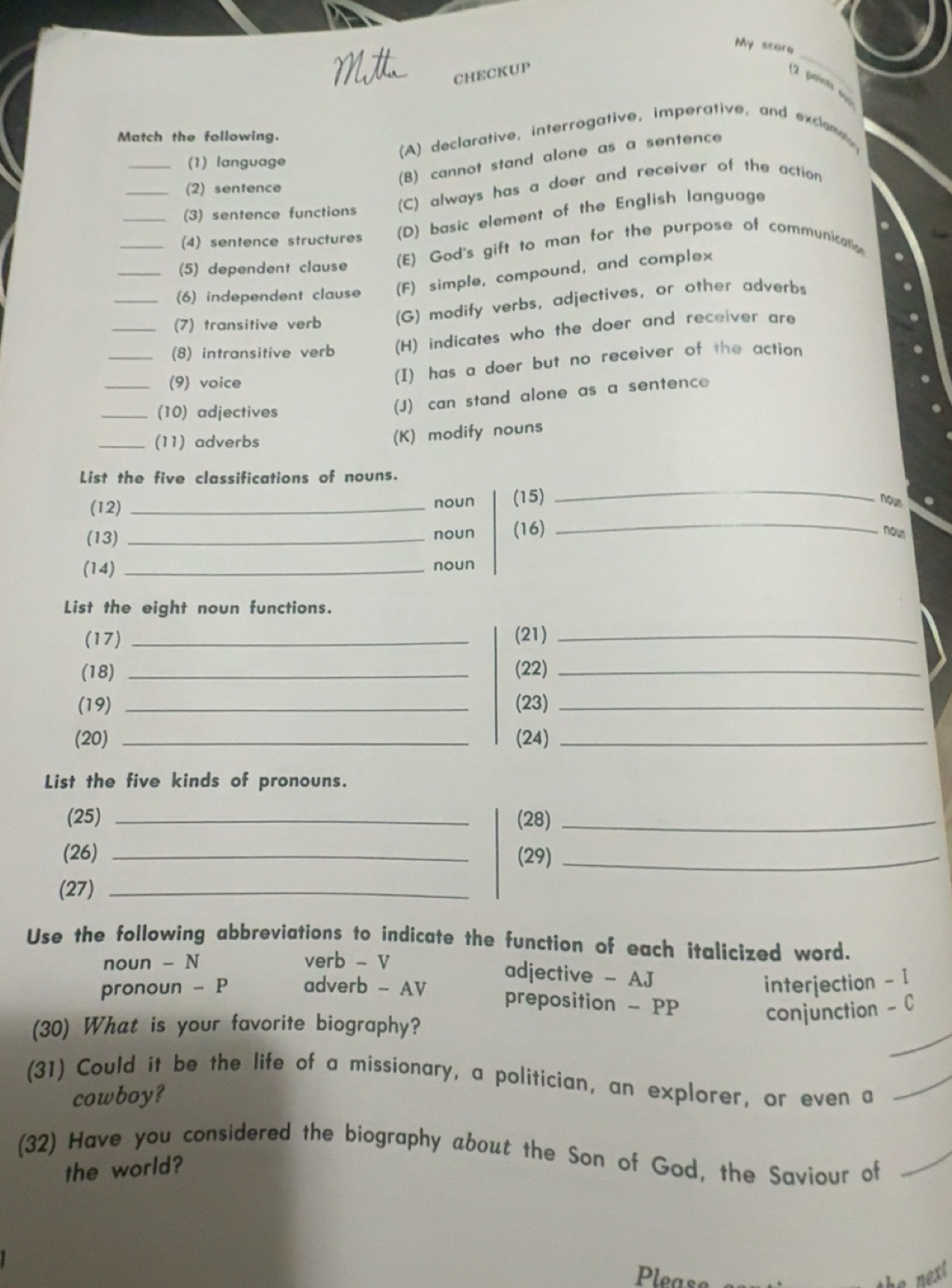 Résolu :My score CHECKUP _ (2 points au Match the following. (A ...