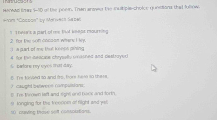 Solved: Instructions Reread lines 1--10 of the poem. Then answer the ...