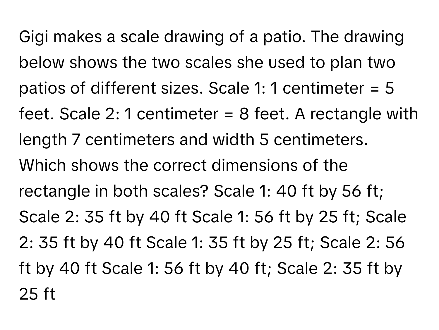 Solved: Gigi makes a scale drawing of a patio. The drawing below shows ...