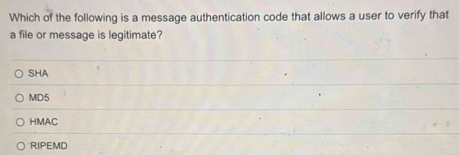Solved: Which of the following is a message authentication code that ...