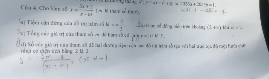 Giải quyết:l6 là đường tháng d:y=ax+b suy ra 2026a+2025b=1. Câu 4. Cho ...