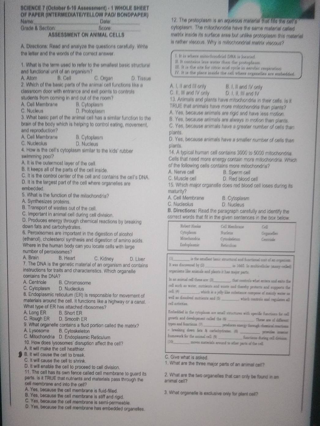 Solved: SCIENCE 7 (October 6-10 Assessment) - 1 WHOLE SHEET OF PAPER ...
