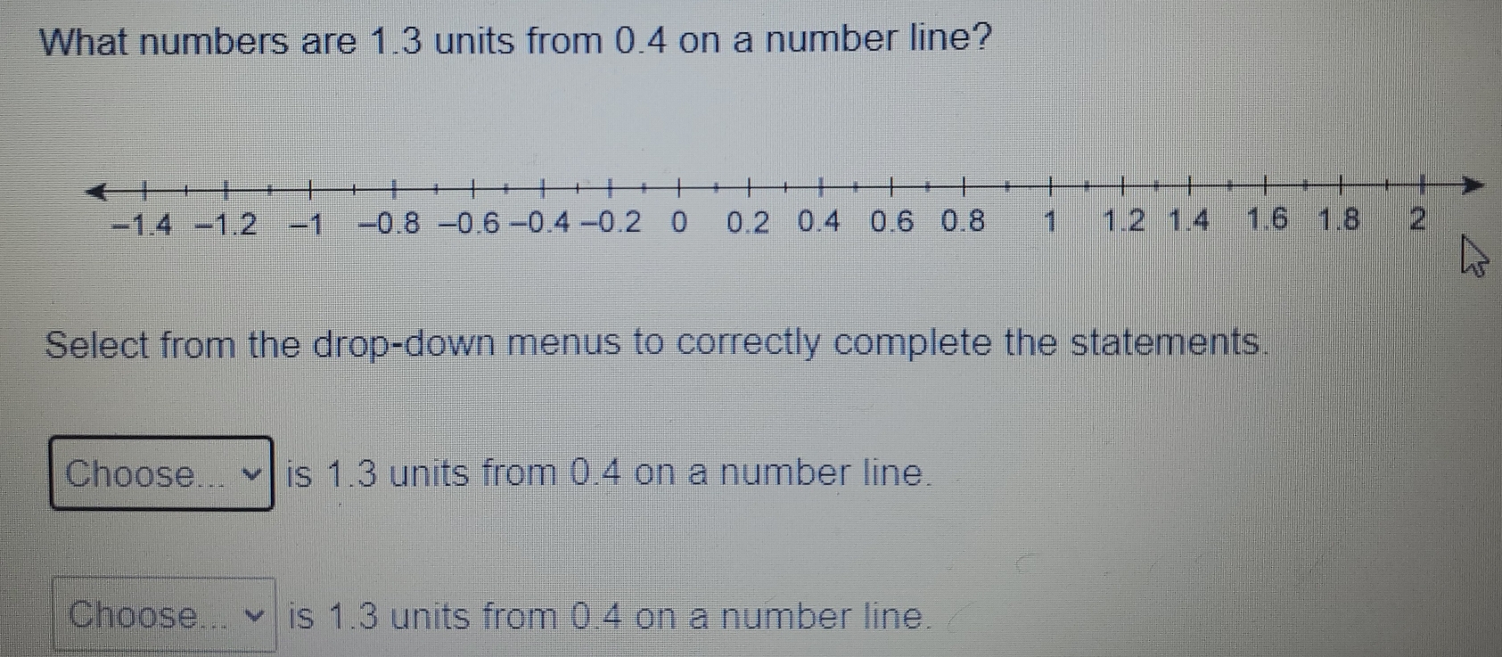 Solved: What numbers are 1.3 units from 0.4 on a number line? -1.4 -1.2 ...