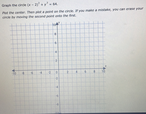 Solved: Graph the circle (x-2)^2+y^2=64. Plot the center. Then plot a ...