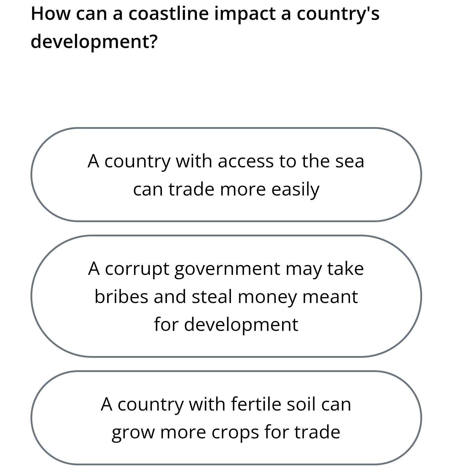 Solved: How can a coastline impact a country's development? A country ...
