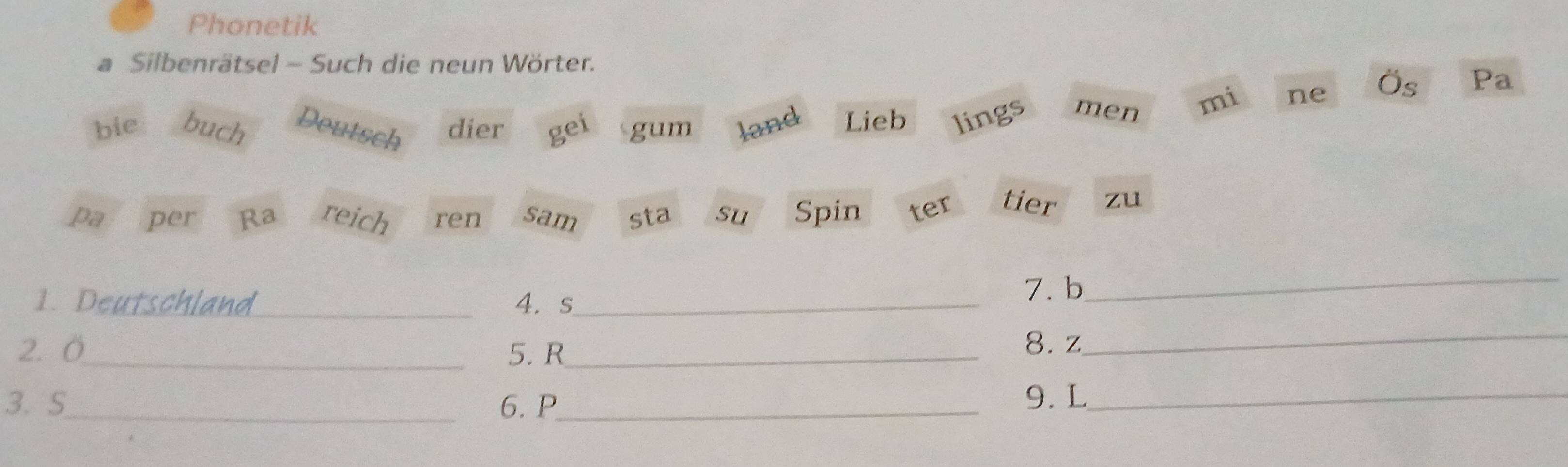 Gelöst:Phonetik a Silbenrätsel - Such die neun Wörter. mi ne Ös Pa bie ...