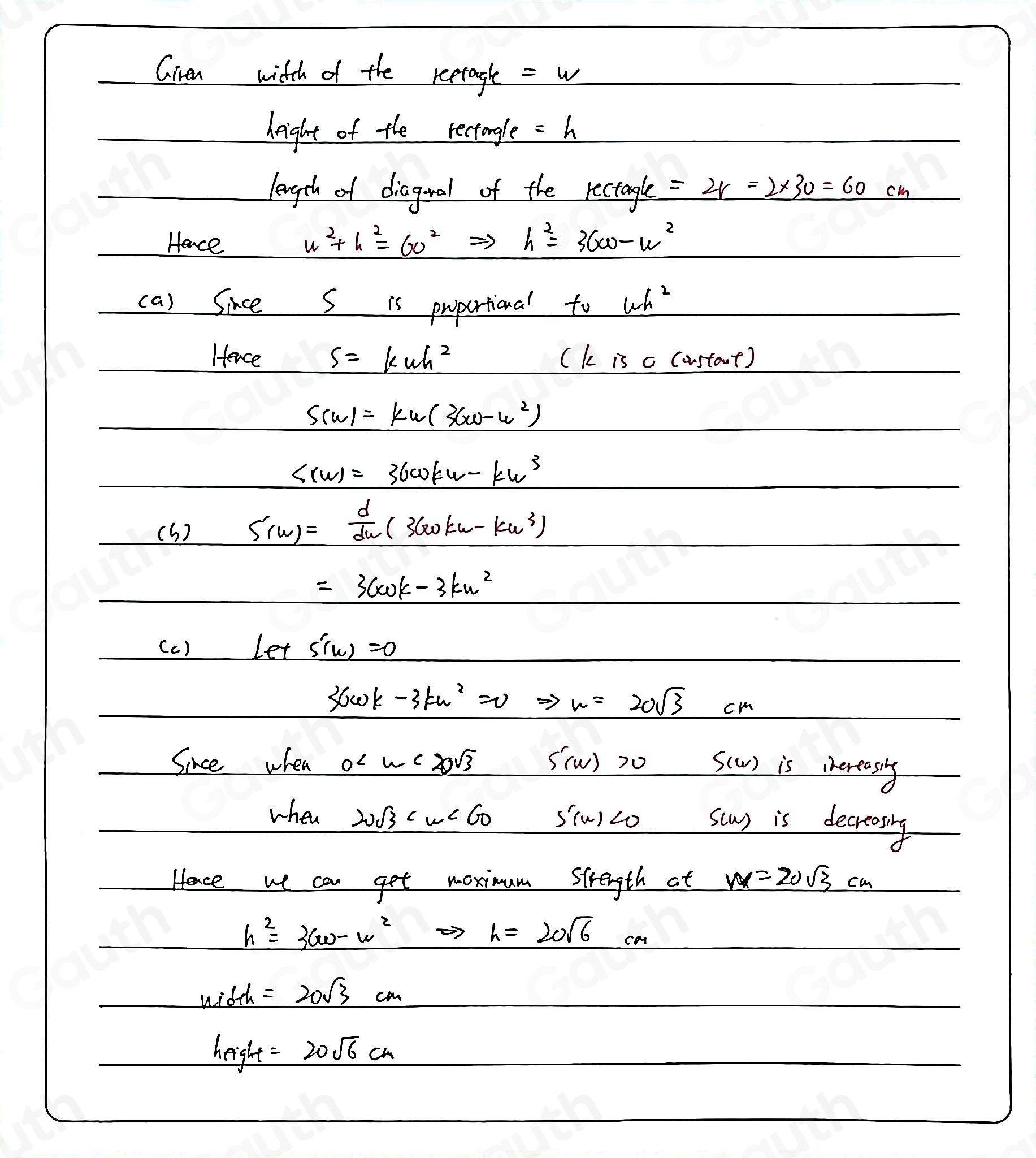Solved: A rectangular beam is cut from a cylindrical log of radius 30 ...