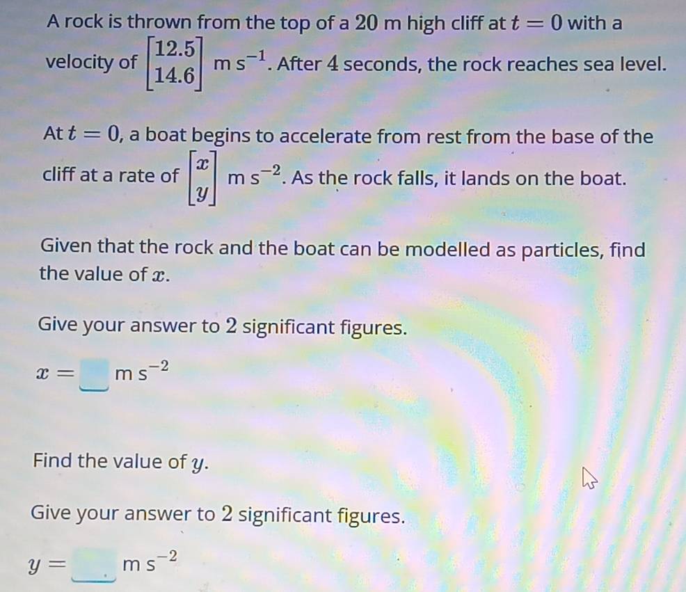 Solved: A rock is thrown from the top of a 20 m high cliff at t=0 with ...