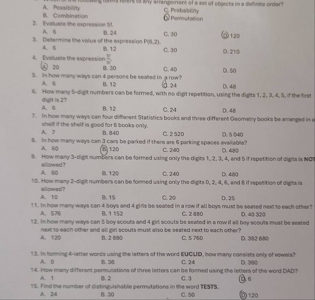 Solved: ullowing terms fefers to any arrangement of a set of objects in ...