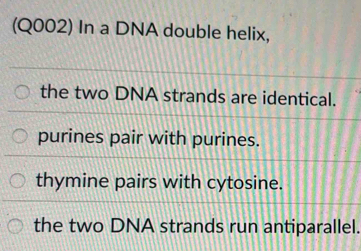 Solved: (Q002) In a DNA double helix, the two DNA strands are identical ...