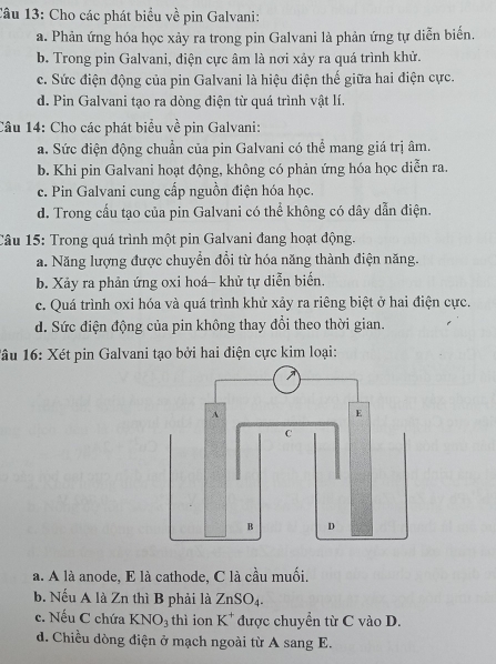 Giải quyết:Cho các phát biểu về pin Galvani: a. Phản ứng hóa học xảy ra ...